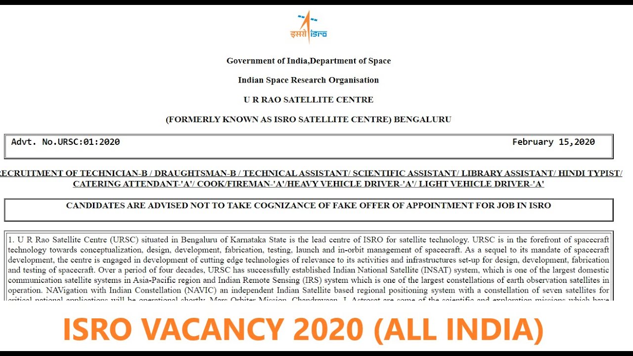 ISRO Various Post vacancy 2020/Indian Space Research Organisation/ISRO ...