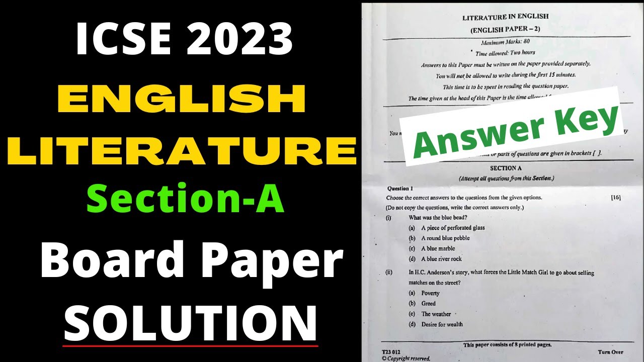 Answer key to English Literature ICSE 2023 Section A - YouTube