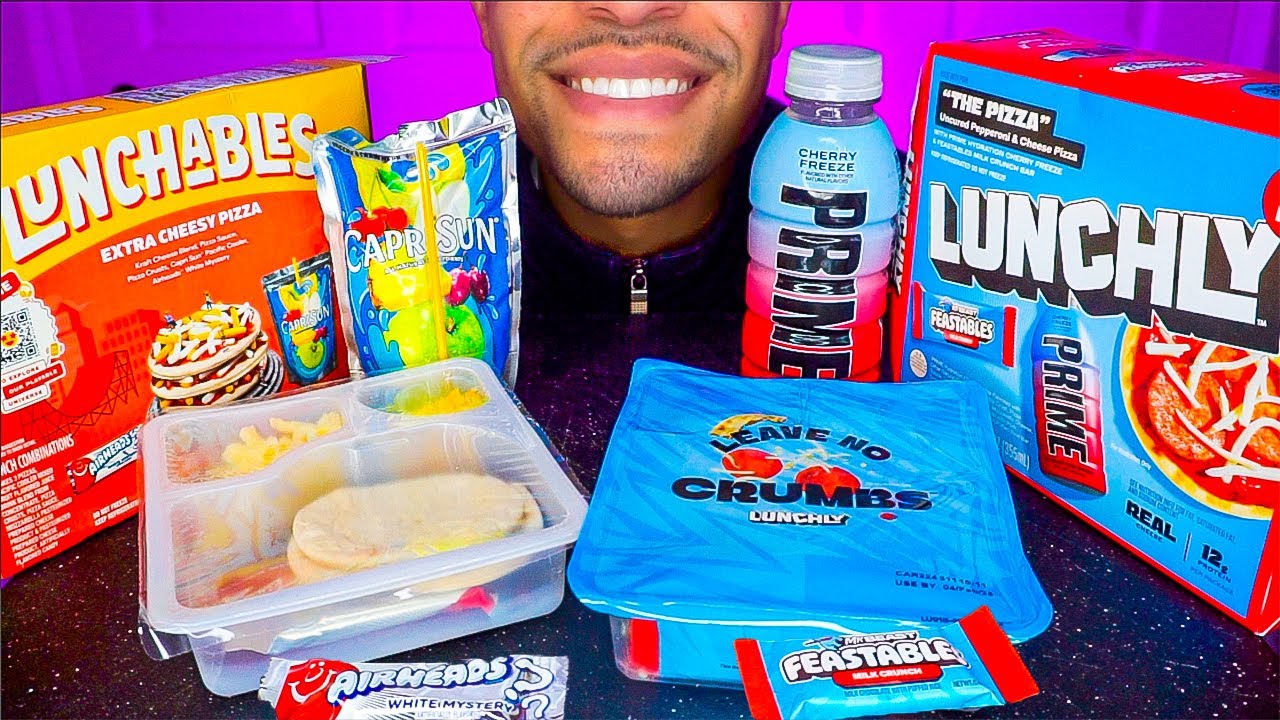 ASMR LUNCHABLES VS LUNCHLY CHEESE PIZZA PRIME MRBEAST CHOCOLATE ...