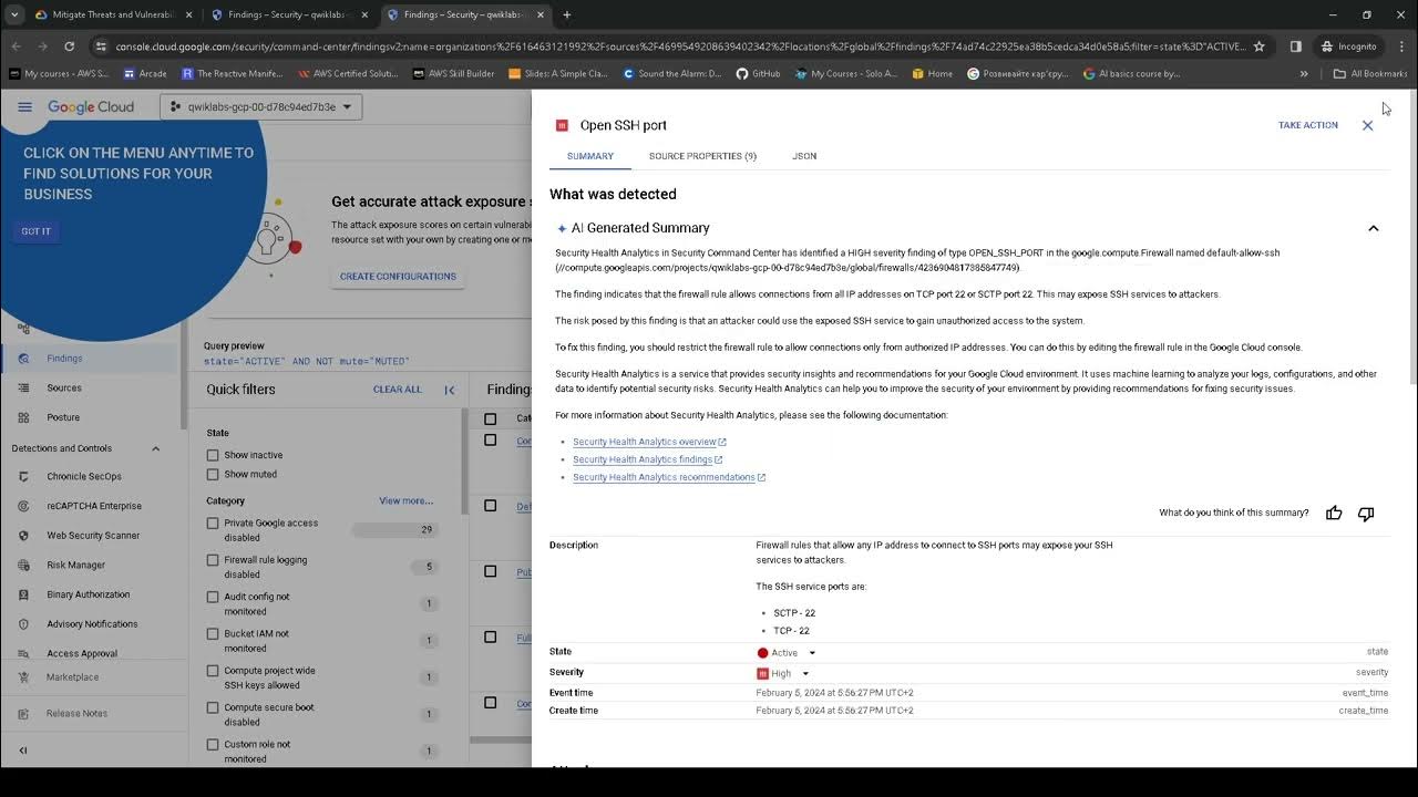 GCP Mitigate Threats and Vulnerabilities with Security Command Center Challenge Lab GSP382 - YouTube