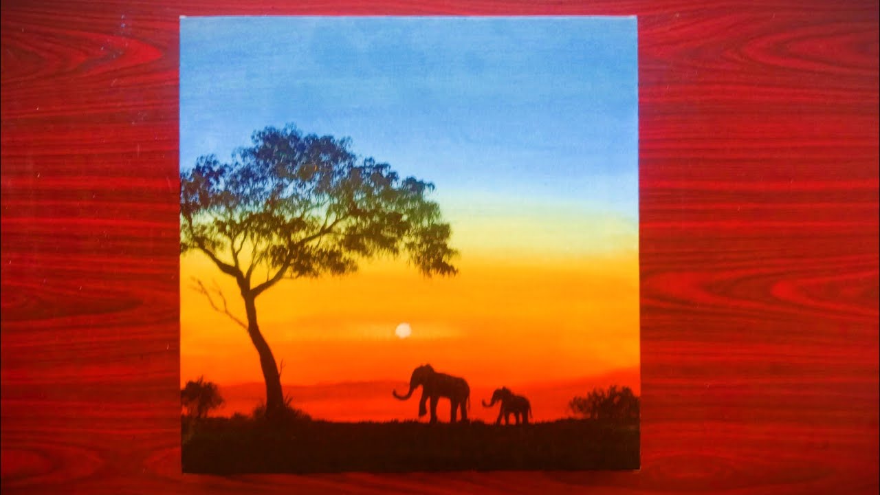 Cara Melukis Pemandangan Sunset dan Gajah | Lukisan Mudah Untuk Pemula ...