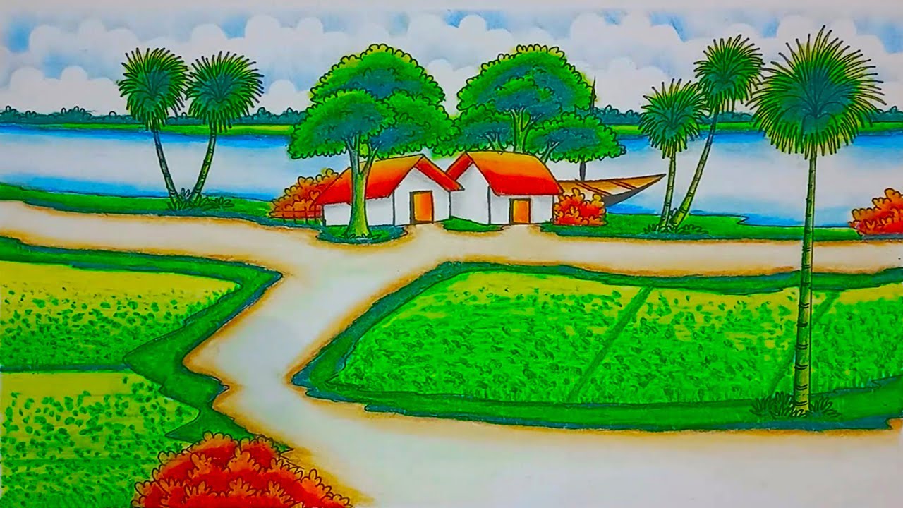 How to draw Landscape Scenery of beautiful nature village scenery with ...