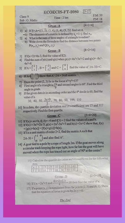 Class 9 optional maths exam question 2080 || Optional Maths || Class 9 OPT Maths || EOECIS FT ...