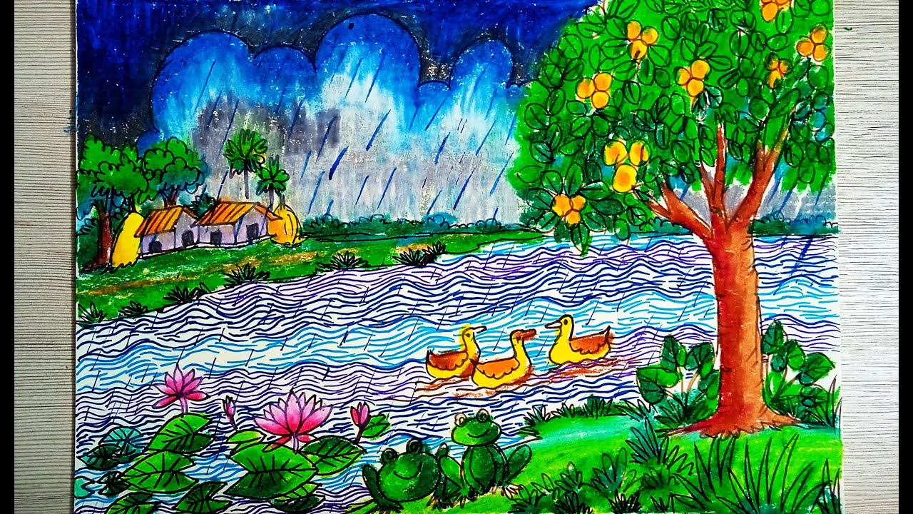 Rainy Season Drawing of Bangladesh/Rainy Day Drawing/বর্ষাকালের দৃশ্য ...