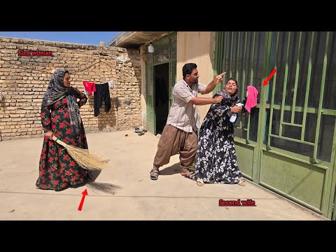 Husband forces his second wife, who is having an affair with his first wife, to do housework