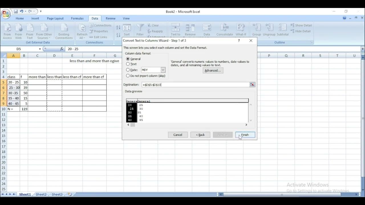 Less than and more than ogive using excel - YouTube