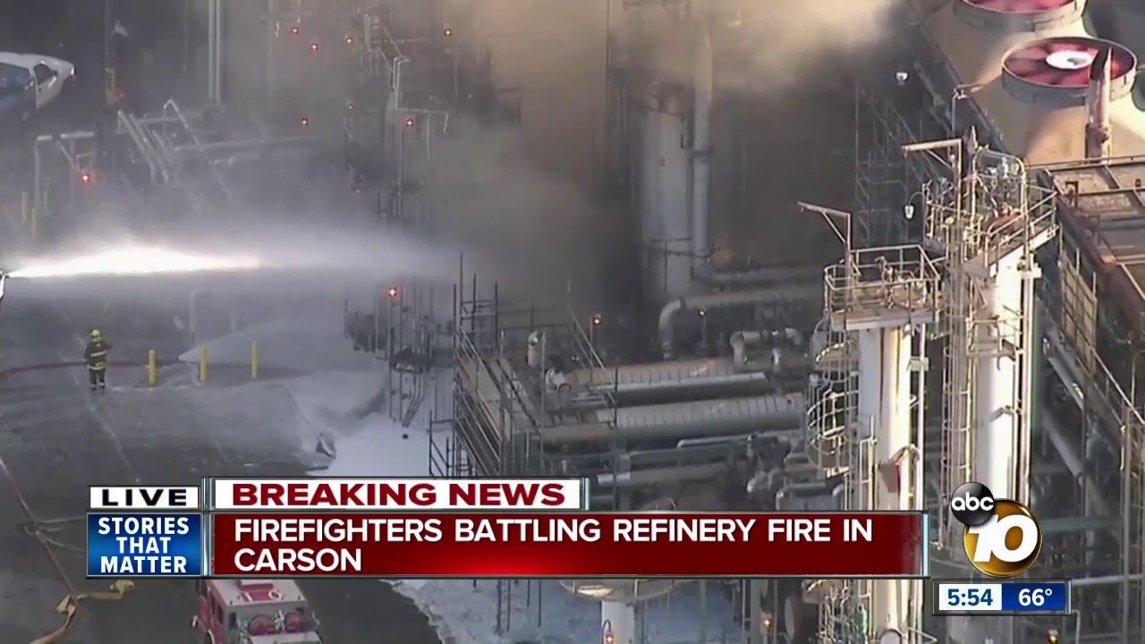 Firefighters battling refinery fire in Carson - YouTube