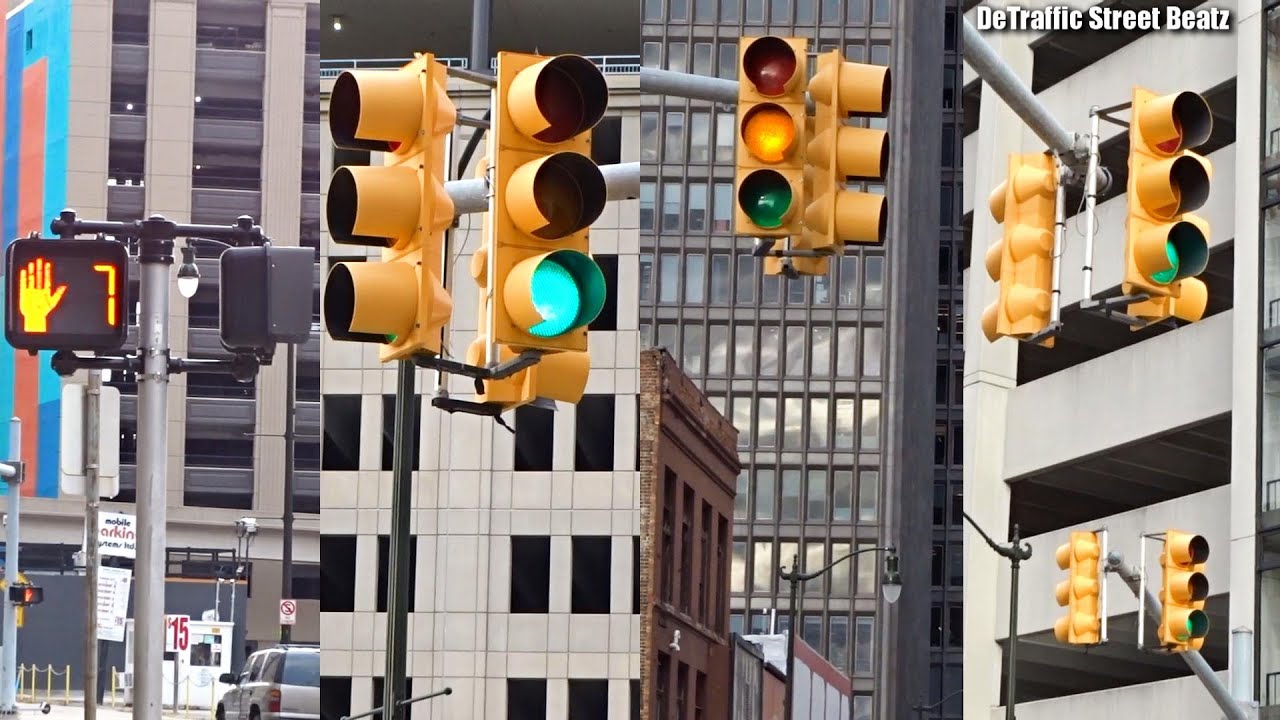 Traffic Lights With Flashing Crosswalk Signals Downtown Detroit ...