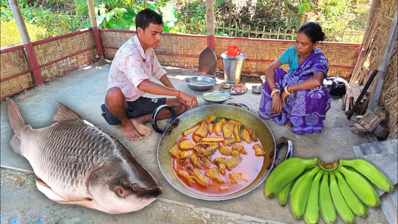 Local ROHU FISH Curry With Raw Green Banana Cooking And Eating By Our ...