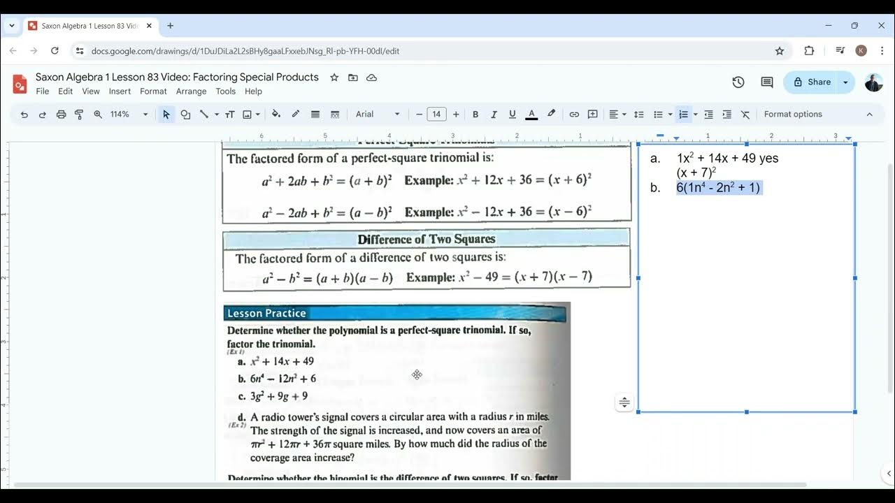 Saxon Algebra 1 Lesson 83: Factoring Special Products - YouTube