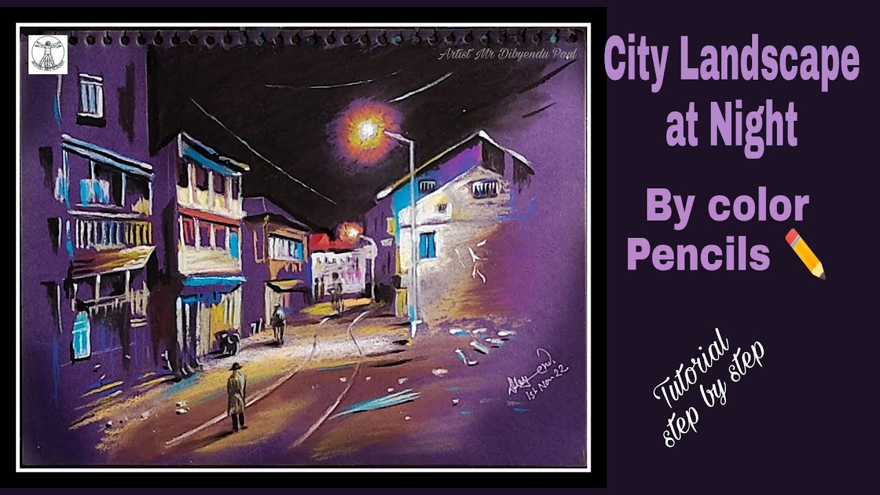 City Skyline at Night Color pencil Drawing Tutorial for Beginners/Night ...