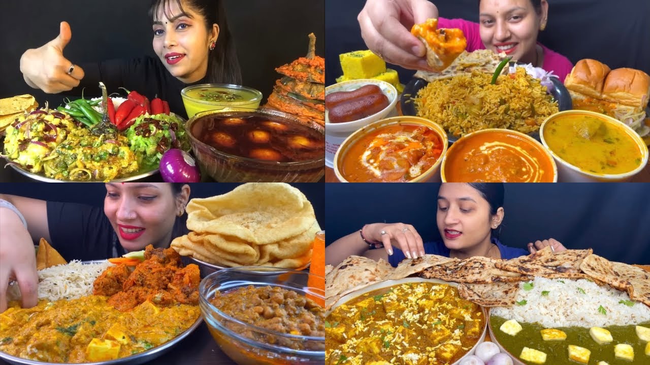 ASMR EATING DAL CHAVAL BHARTA 🤤 CHOLE BATUTE EGG CURRY PALAK PANEER😋 ...