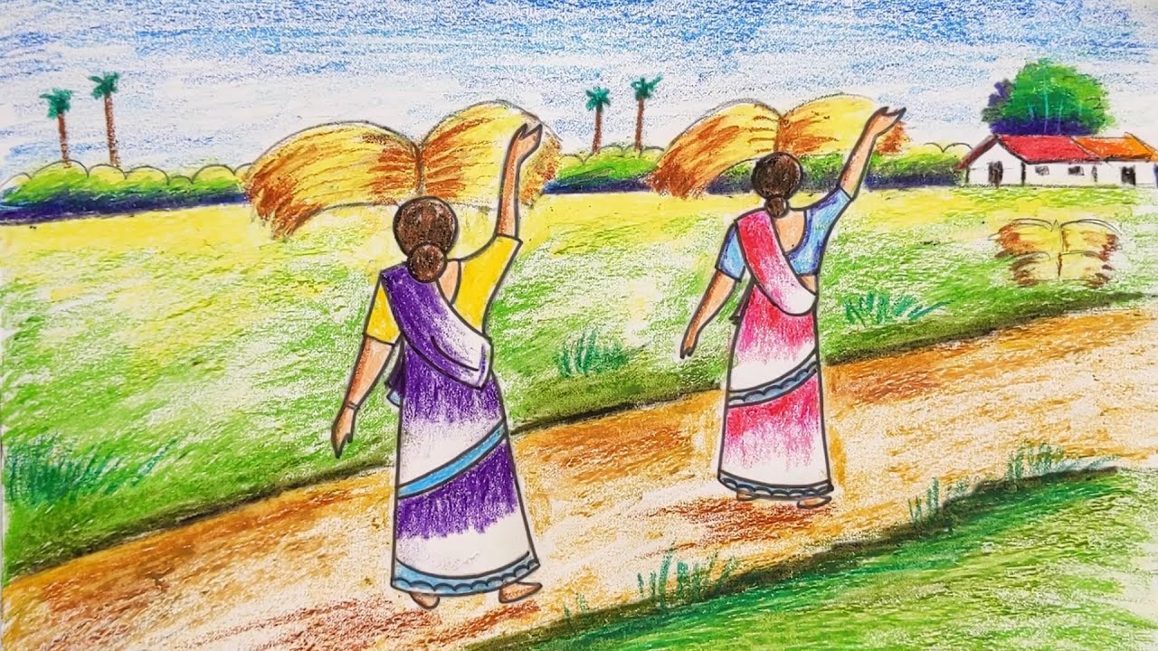working women drawing | easy village scenery drawing - YouTube