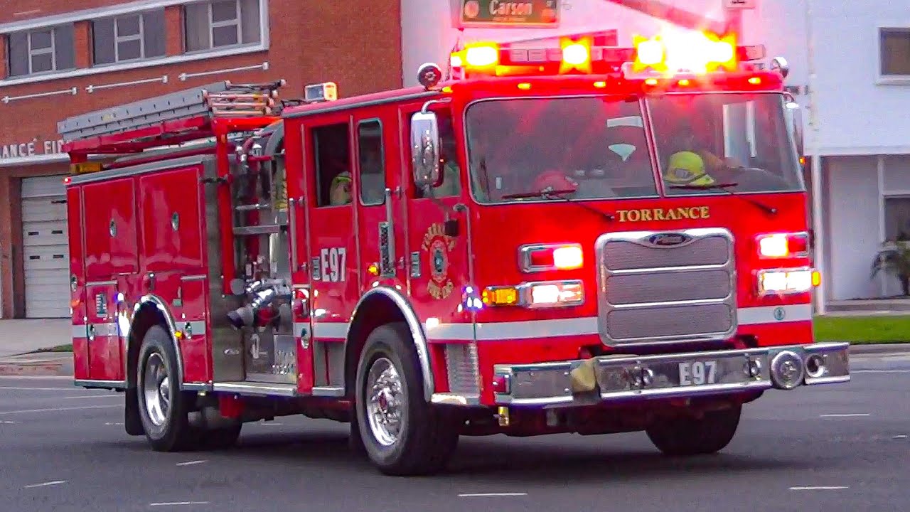 Torrance Fire Dept. Engine 97, Rescue 91 & BLS91 - YouTube