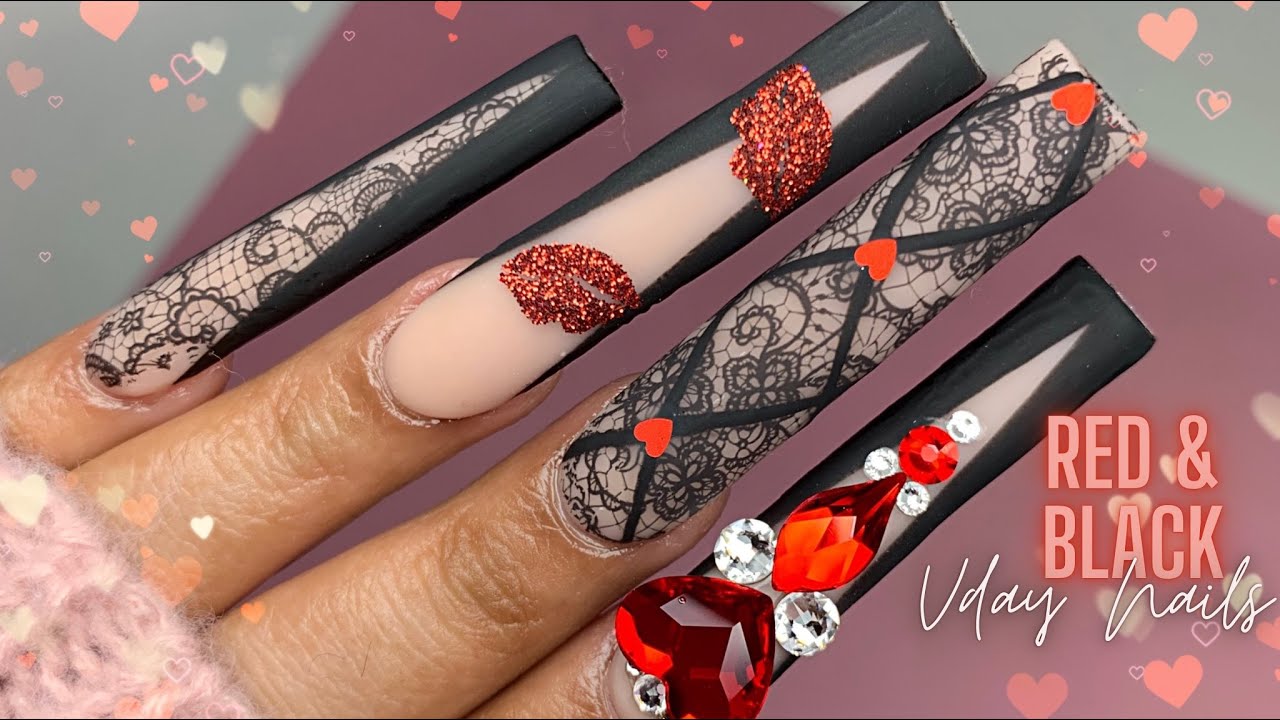 HOW TO: RED & BLACK LACE NAILS/ V FRENCH NAILS/ VALENTINES NAILS #nails ...