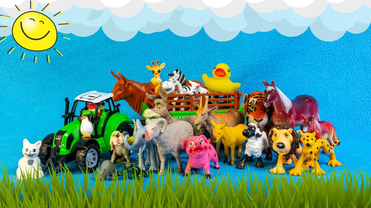 Toy Animals riding the Tractor - For Kids - YouTube