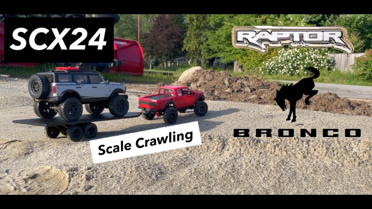 SCX24 Ford Raptor Trailer Pulling Bronco Cinematic - YouTube