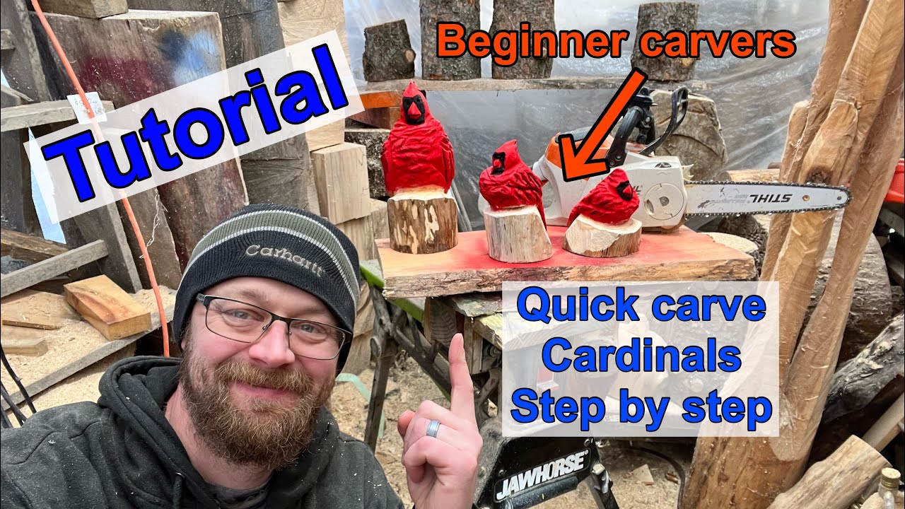 Chainsaw carving a quick cardinal Beginner cardinal tutorial - YouTube