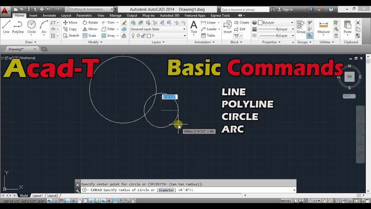 Autocad Tutorials Basic Commands Line Polyline Circle Arc Basic Lesson Youtube