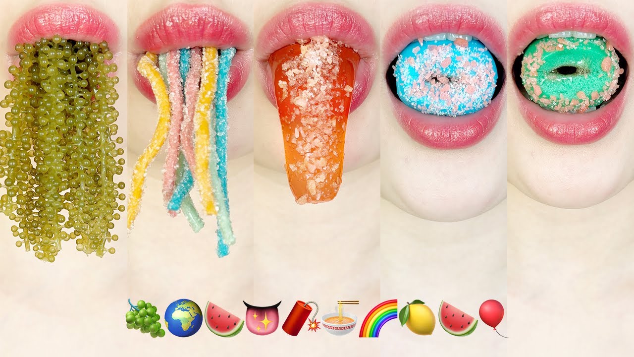 asmr EMOJI FOOD POP ROCKS SPRINKLE JELLY 🍇🌍🍉👅🧨🍜🌈🍋🍉🎈이모지 먹방 eating sounds ...