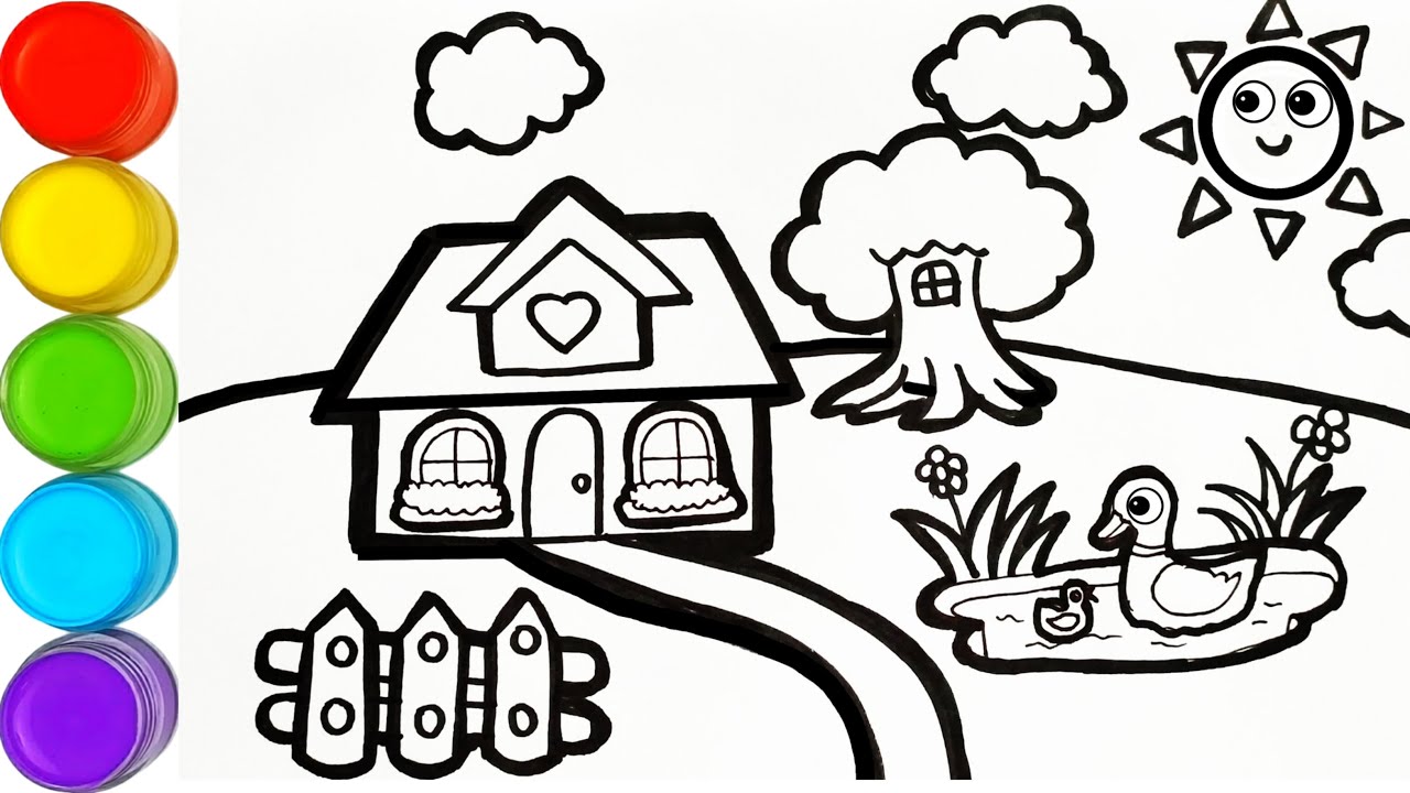 Drawing House with Garden & Pond Drawing, Painting, Coloring for Kids ...