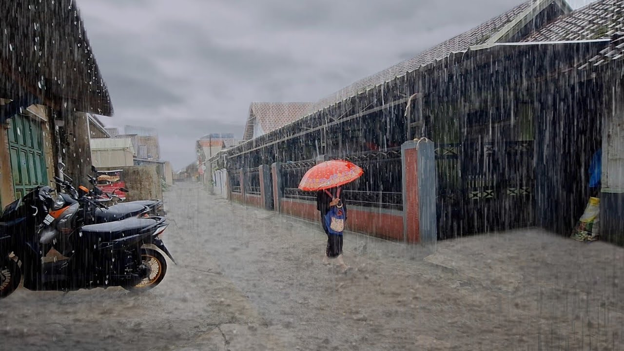 Super heavy rain in Indonesian village | Very cold, Seeing life behind ...