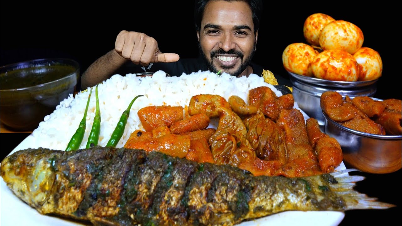 Eating Spicy Mutton Boti Curry with Rice | Whole Fish Curry & Spicy Egg ...