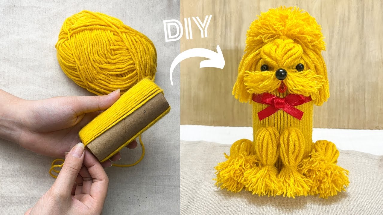 How to make a very cute dog out of a toilet paper roll and yarn 🐶 Diy ...