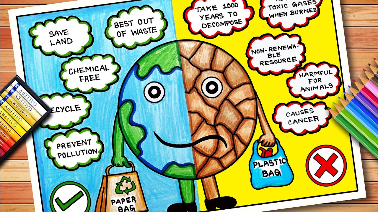 Plastic Bag Free Day Drawing | Stop Plastic Bag Pollution Drawing ...