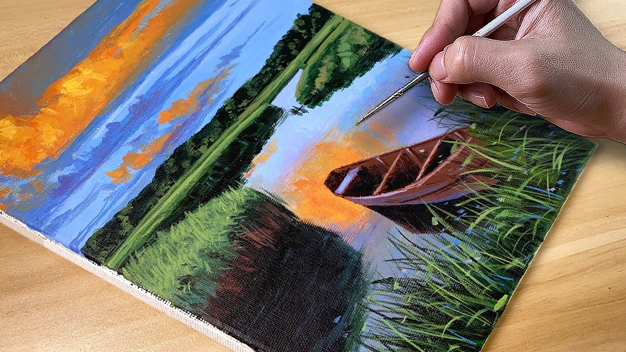 Painting River Boat Landscape / Acrylic Painting / Correa Art - YouTube