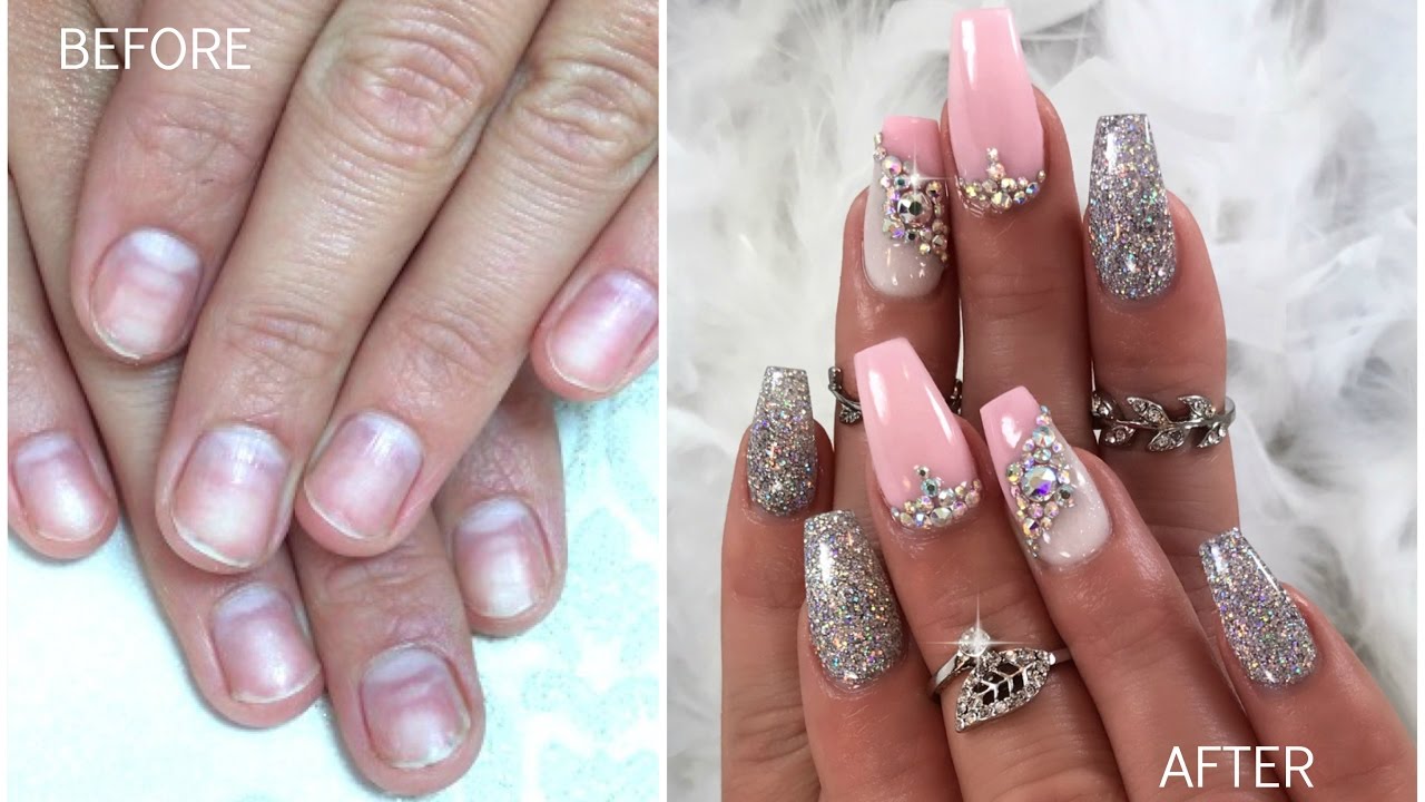 EXTREME TRANSFORMATION TO GIRLY AND SPARKLY NAILS - YouTube