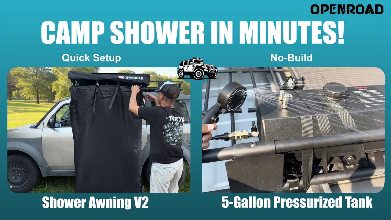 🚿 OPENROAD Shower System Review | Quick-Open Shower Awning V2 + 5-Gal ...