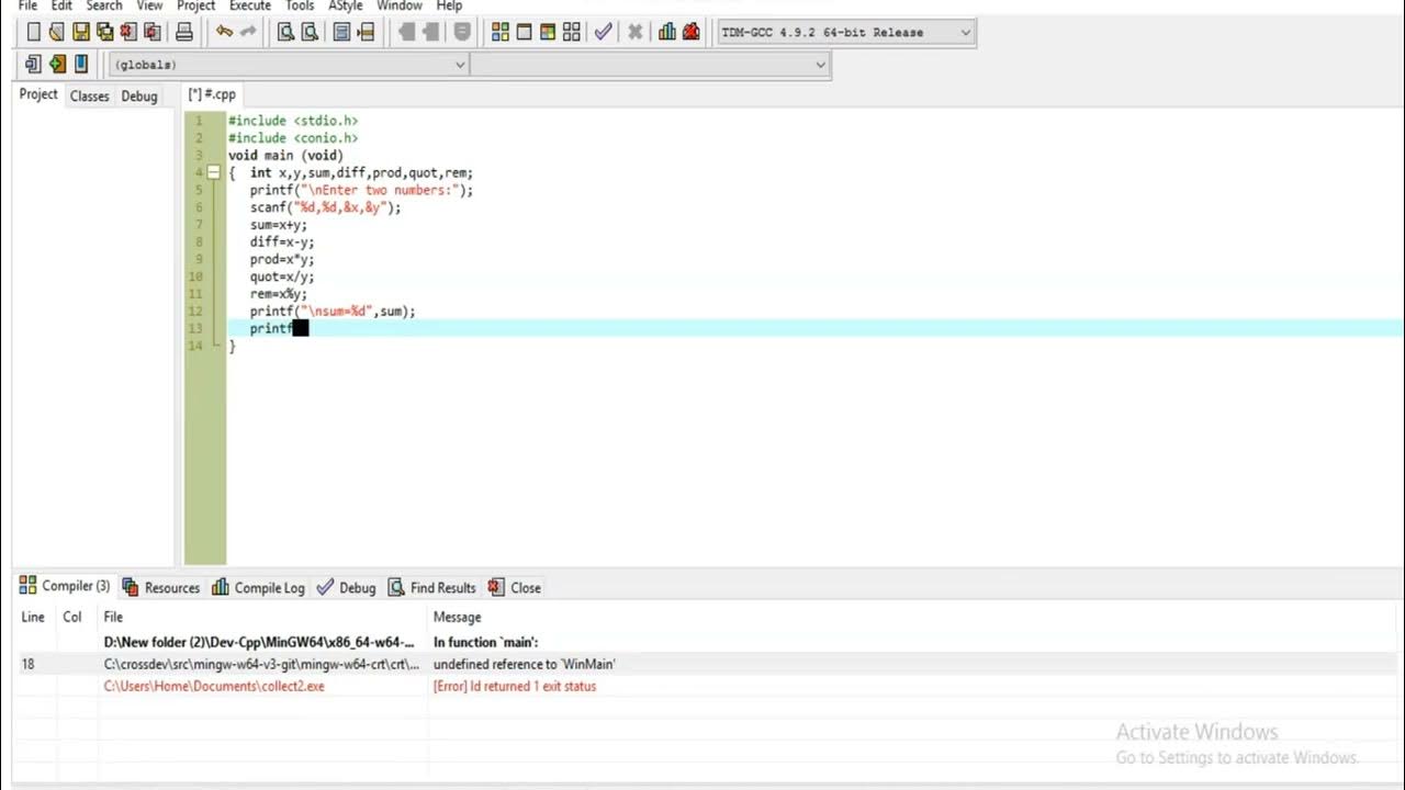C Program to find sum,product,difference, quotient and remainder of any two number - YouTube