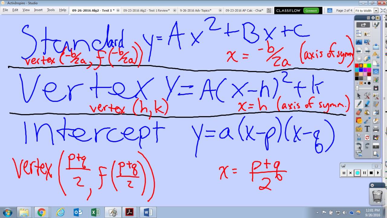 Review of Standard, Vertex, Intercept Form, and Transformations of a ...