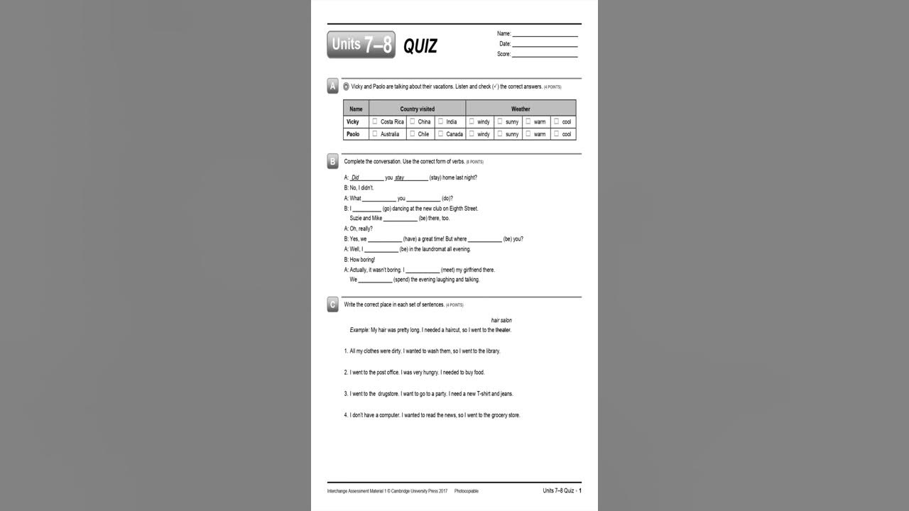 Interchange 5th Level 1 Assessment L1 Written Quiz Units 7-8 - YouTube