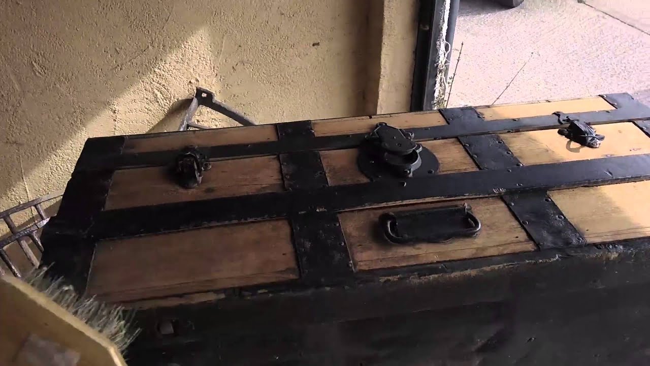 Vintage wooden banded trunk chest - YouTube