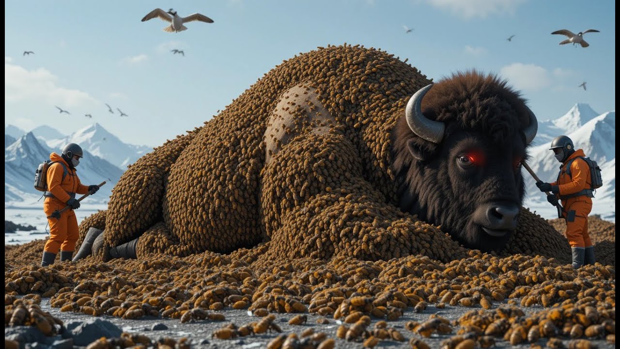A brave rescue team saves an American bison surrounded by tens of ...