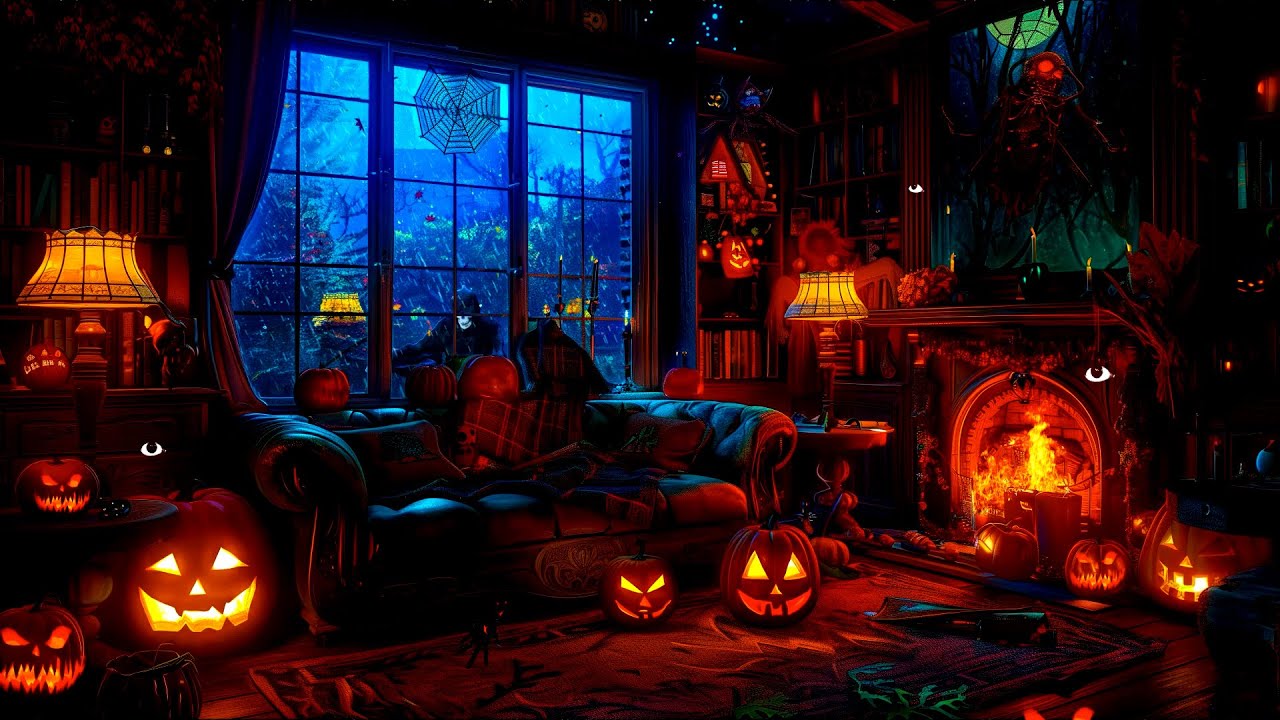 Autumn Halloween atmosphere: with crackling fireplace and rain ...