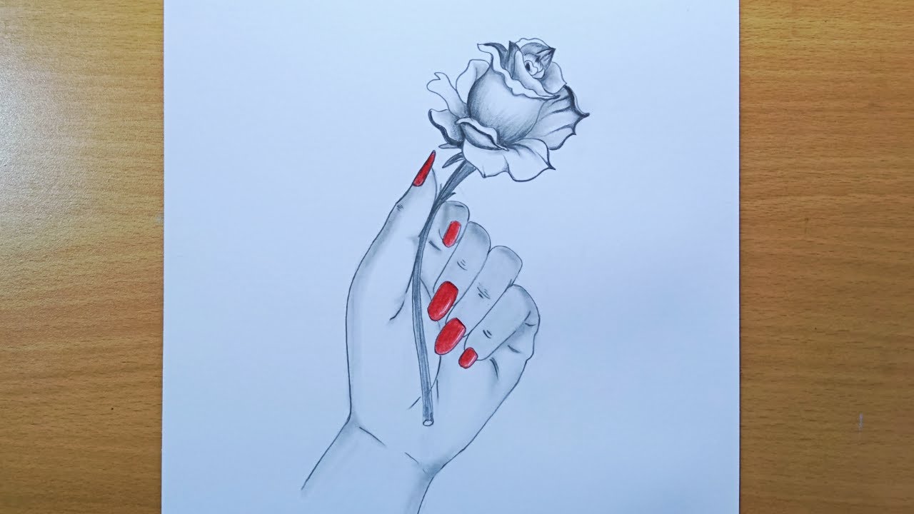 rose drawing || how to draw hand holding rose flower || rose flower ...