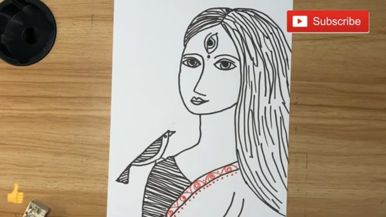 Line Drawing of Durga Maa Modern Style with birds . ma with a sparrow ...