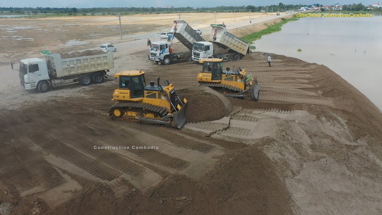 Beautiful Dozers & Dump Trucks Sand-filling In Water - YouTube