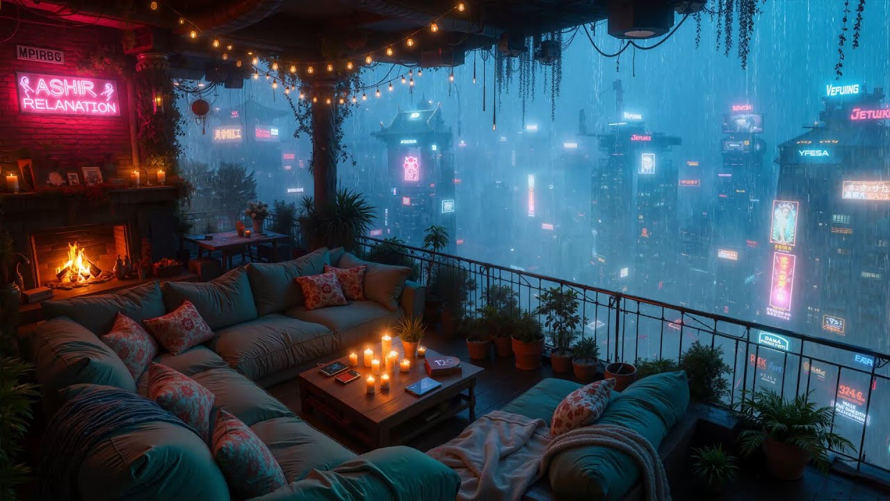Cyberpunk Balcony Ambience with Gentle Rain and Ambient Music | Beat ...