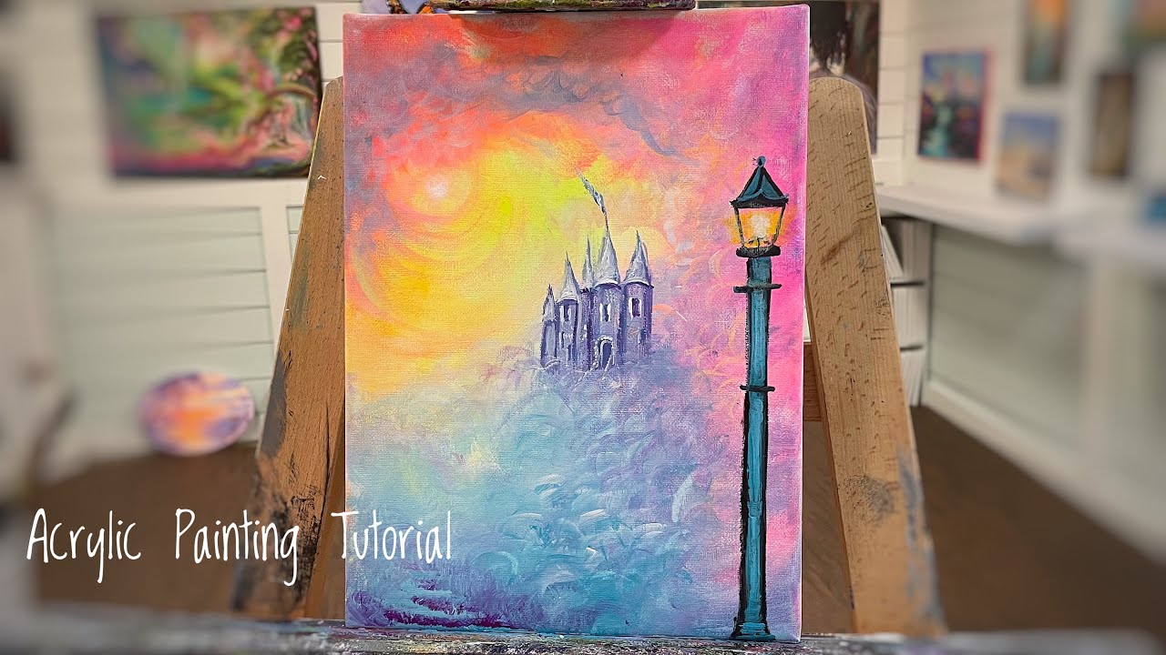 How To Paint A LAMPPOST & CASTLE IN THE CLOUDS ☁️ relaxing acrylic ...