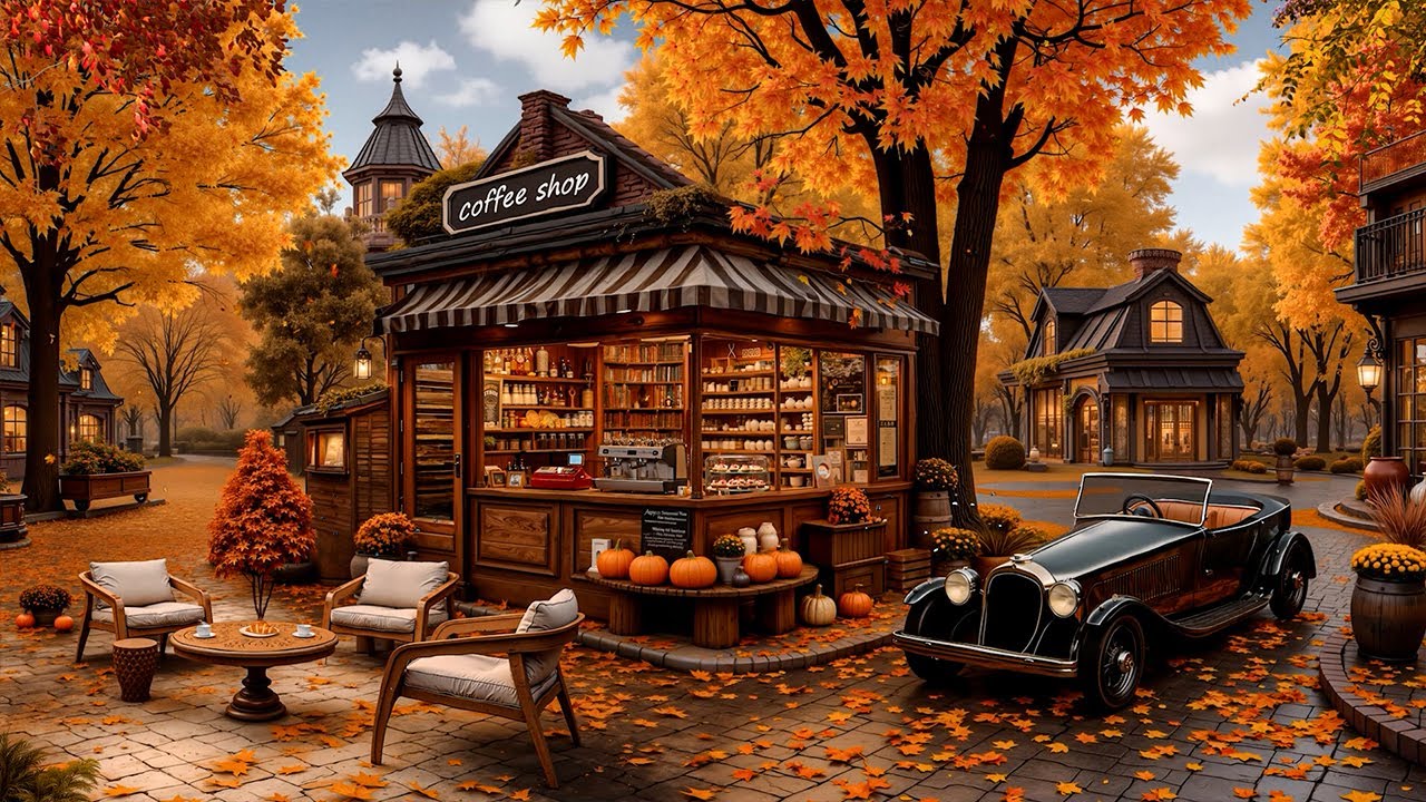 Soothing September Morning & Fall Old Street Café Ambience 🍂 Warm Jazz ...