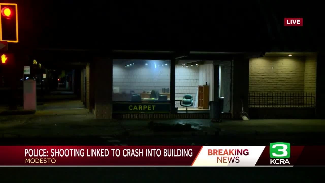 2 injured after shooting, crash into downtown Modesto building - YouTube