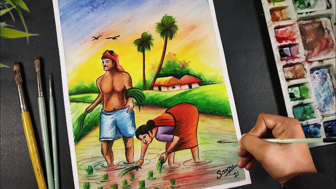 Watercolor scenery painting, Farmer drawing scenery, Easy Step By Step ...