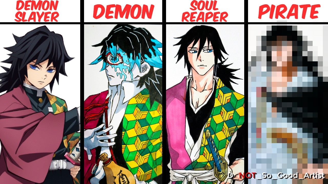 Drawing Giyu in 6 Different Anime Roles / Art Styles (Naruto, Demon ...