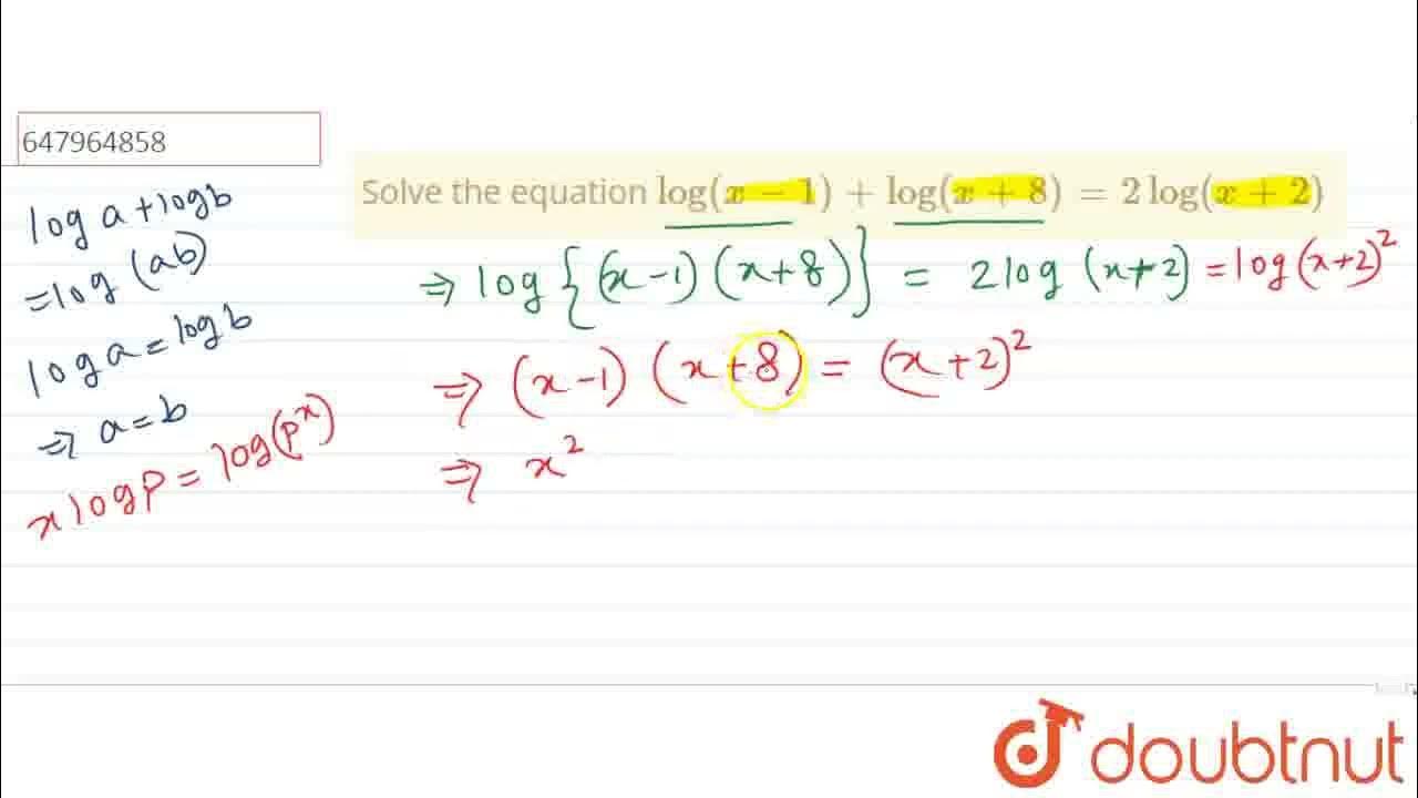Solve the equation log(x-1)+log(x+8)=2log(x+2) | CLASS 12 | LOGARITHM ...