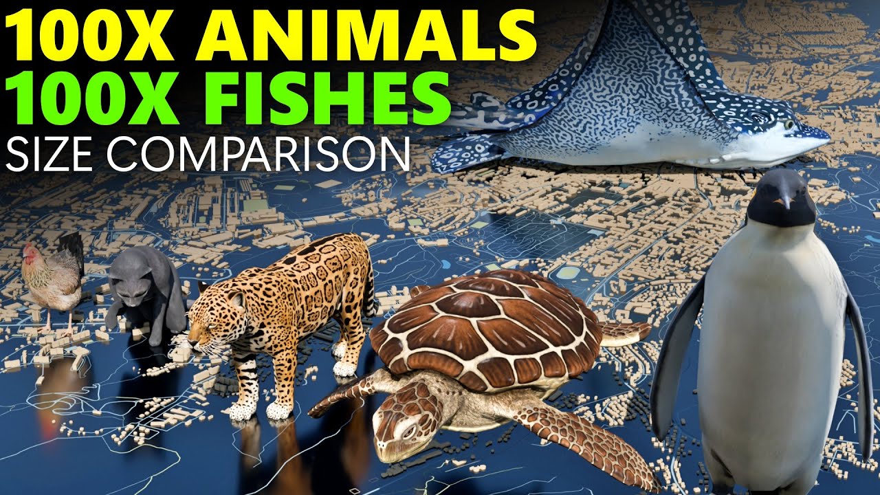 100x Scaled Fishes vs 100x Scaled Animals – Size Comparison in City 3D ...