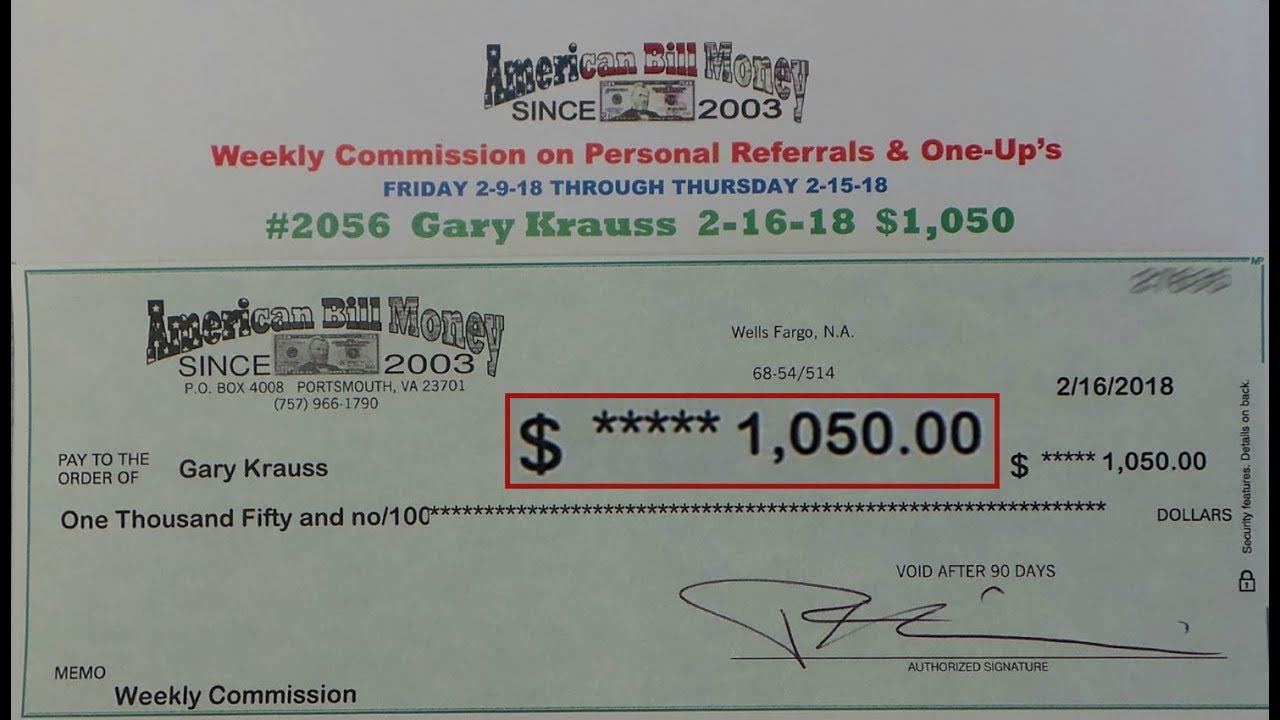 American Bill Money Check - Weekly Check Feb 16th 2018 - $1,050 ...